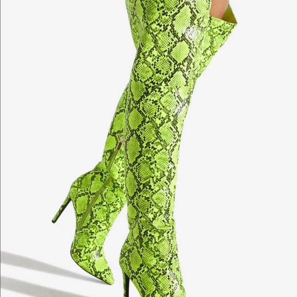 Shoe Dazzle | Shoes | Thigh High Neon Green Snake Boots New Otk Wide ...